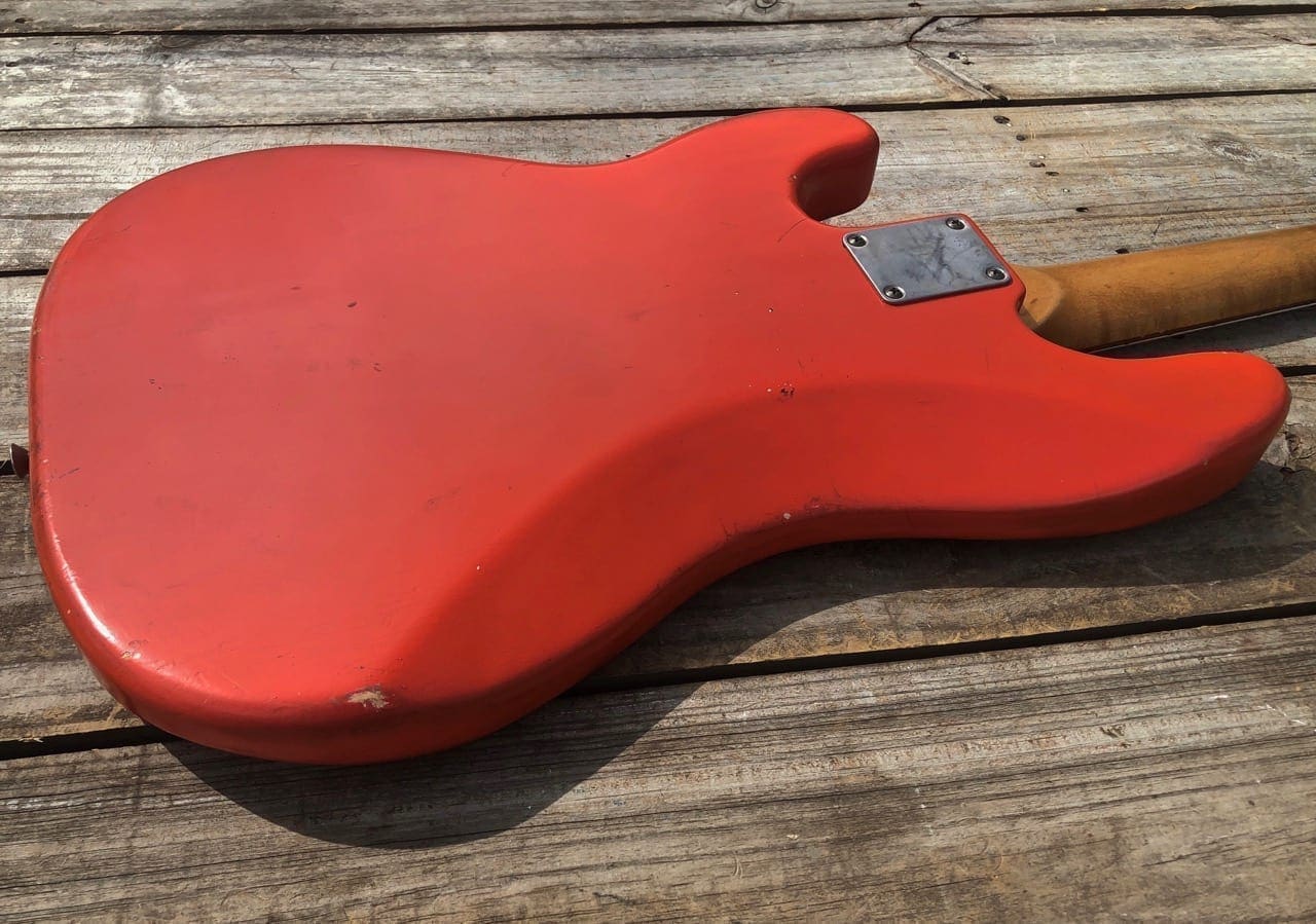 Danocaster P-Style Bass Guitar in Faded Fiesta Red • LA Vintage Gear