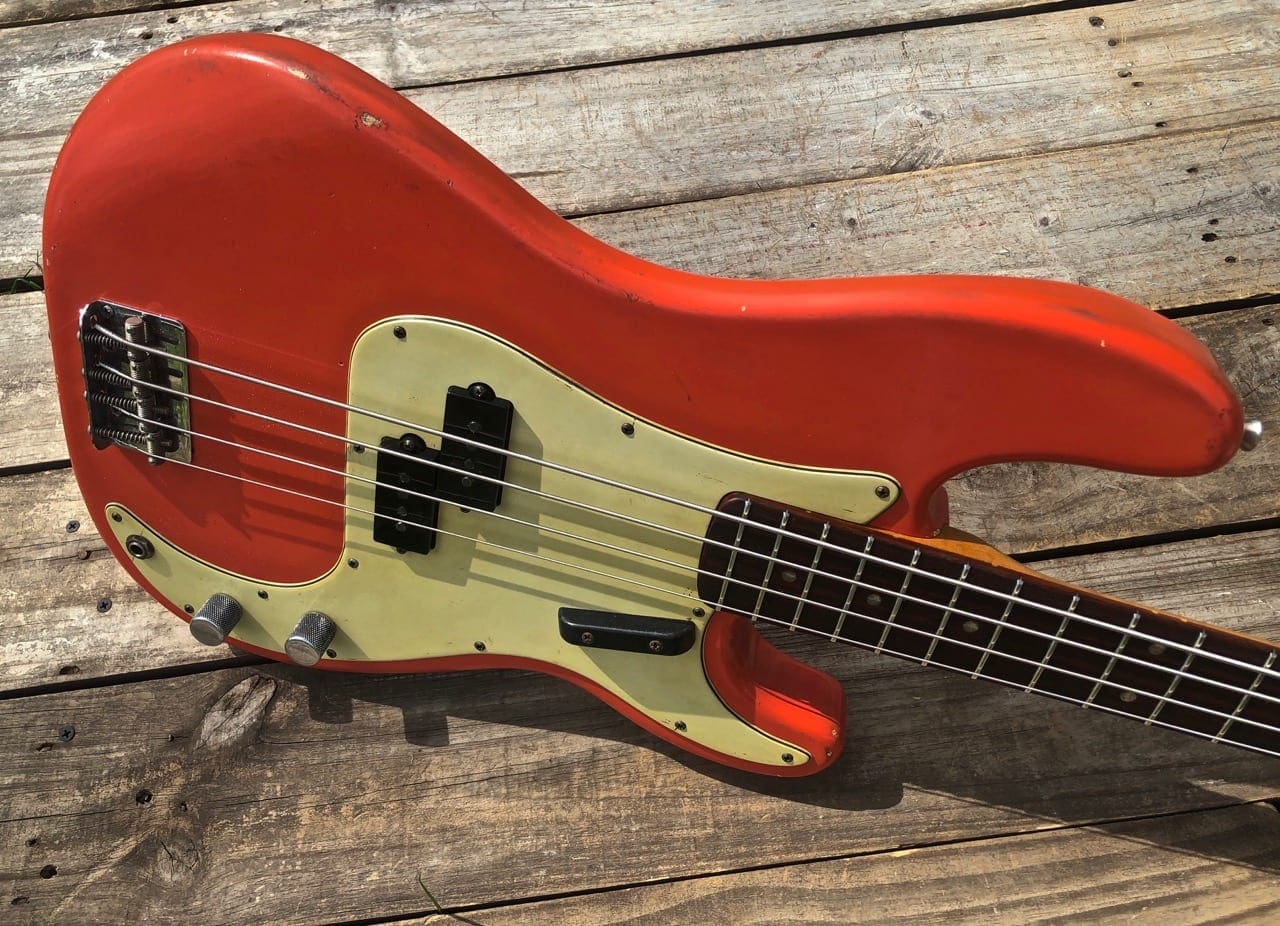 Danocaster P-Style Bass Guitar in Faded Fiesta Red • LA Vintage Gear